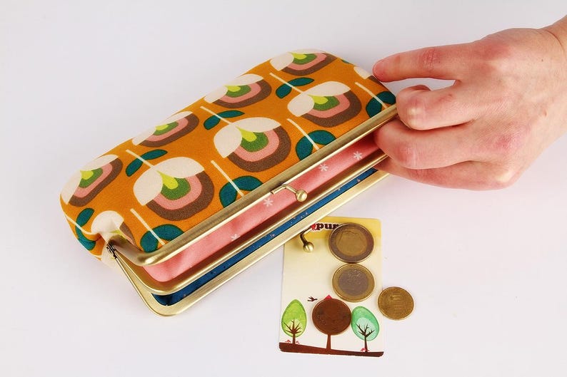 Frame Purse With Two Sections - Retro Rainbow Flowers in Orange ...