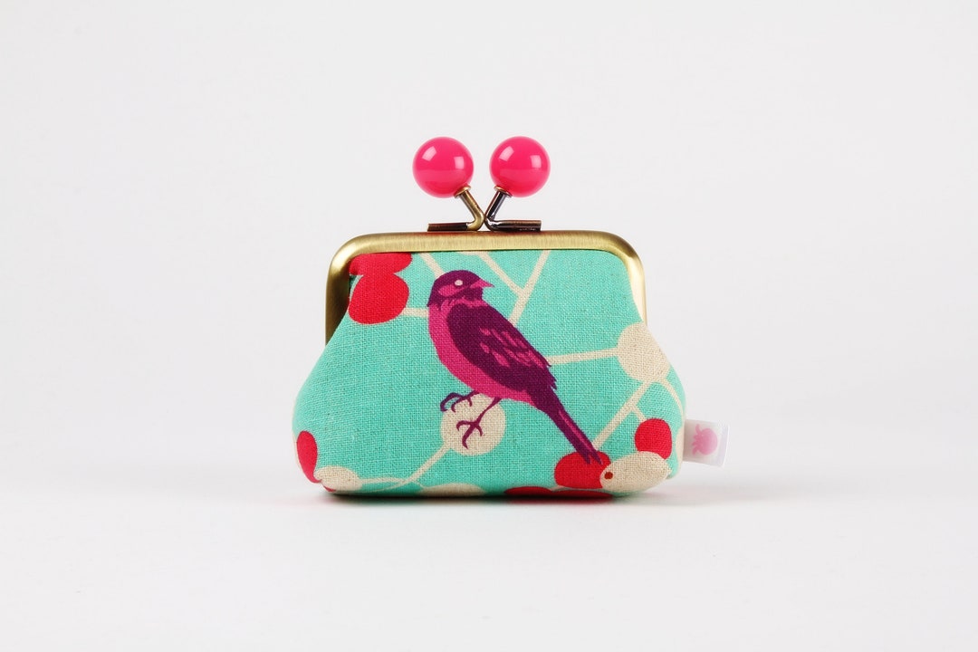 Metal Frame Coin Purse With Color Bobbles - Birds and Berries in Aqua ...