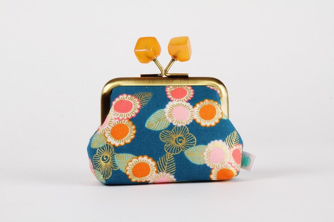 Metal Frame Coin Purse With Color Bobbles - Embroidered Floral in Teal ...