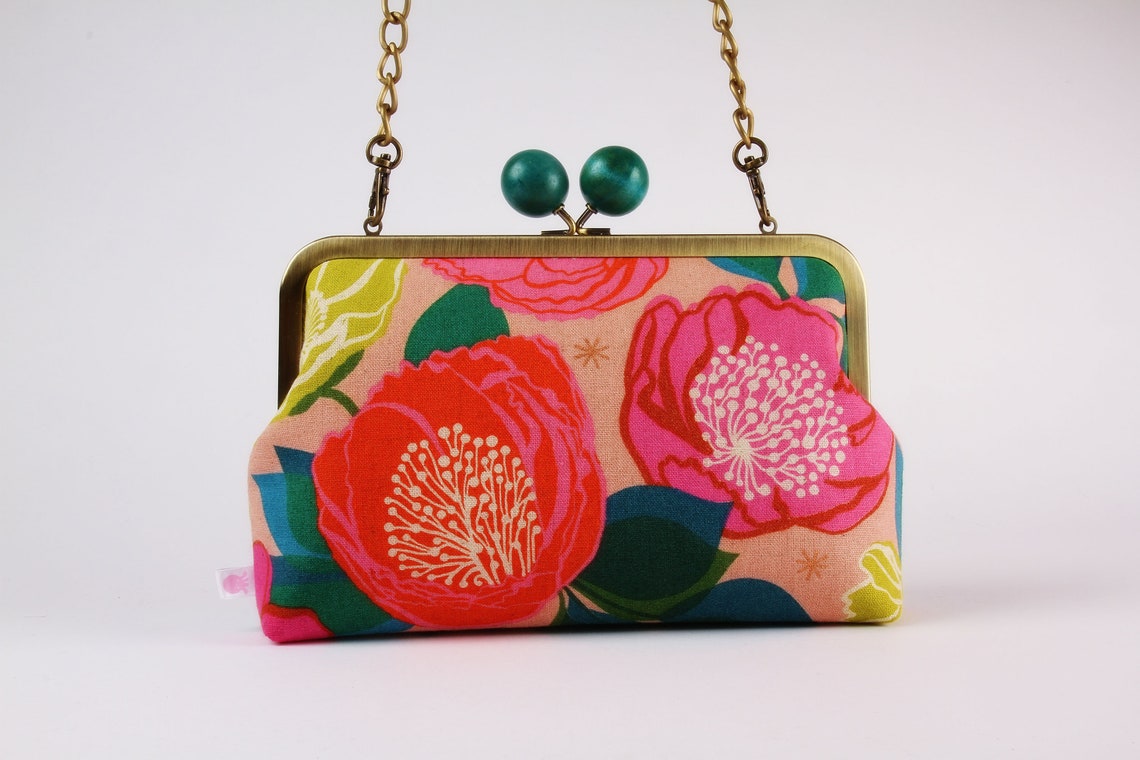 Metal Frame Bag With Shoulder Strap Shimmer Canvas in Pink - Etsy