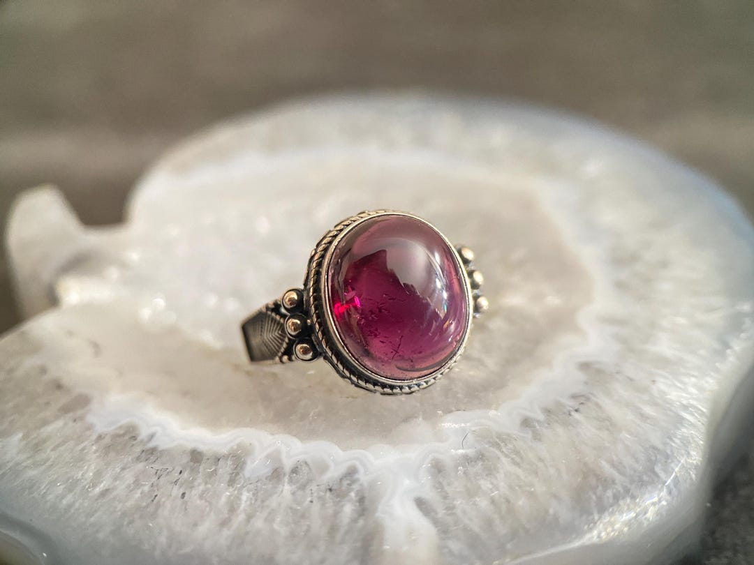 Purple Garnet Silver Adjustable Ring, Oval Shaped Sterling Silver Ring W/ Purple Garnet Crystal ...