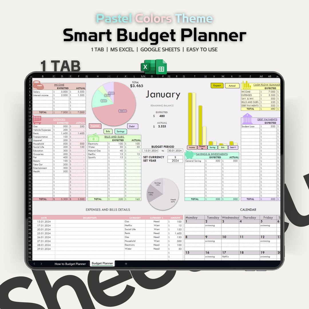 Smart Budget Planner Pastel Colors 1 TAB MS Excel and Google Sheets ...