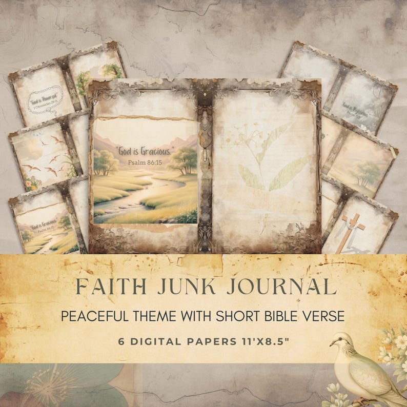 Faith Junk Journal With Peaceful Theme, Short Bible Verses, Vintage ...