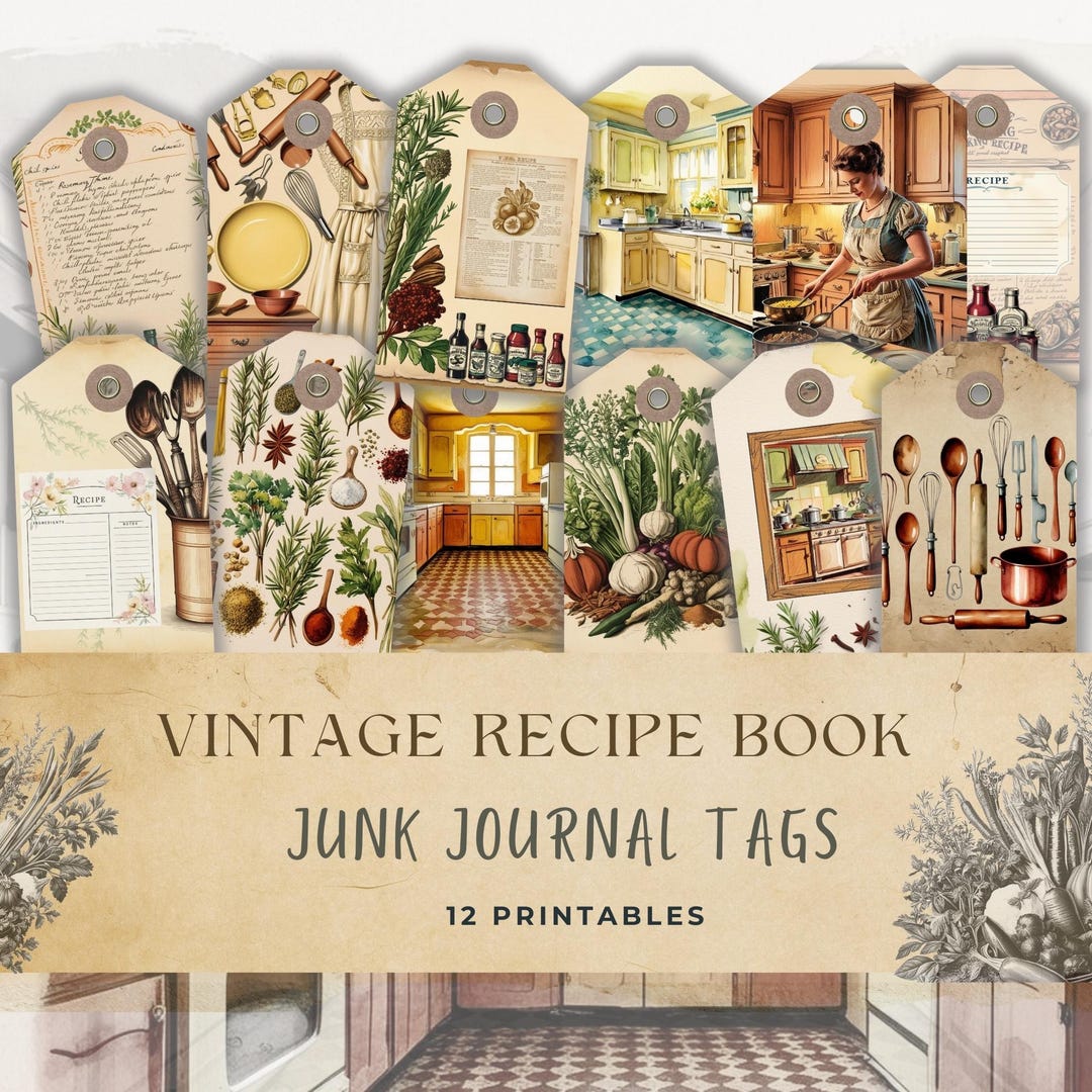 Vintage Recipe Book Junk Journal Tags | Old Cookbook Journal Tags ...