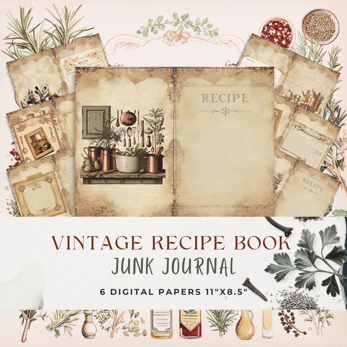 Vintage Recipe Book Junk Journal Pages | Printable Kitchen Recipe ...