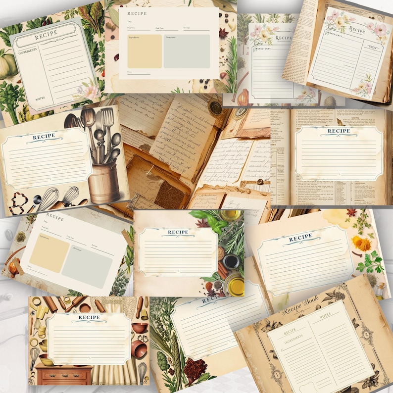 Vintage Recipe Book Junk Journal Cards | Retro Kitchen Recipe Card ...