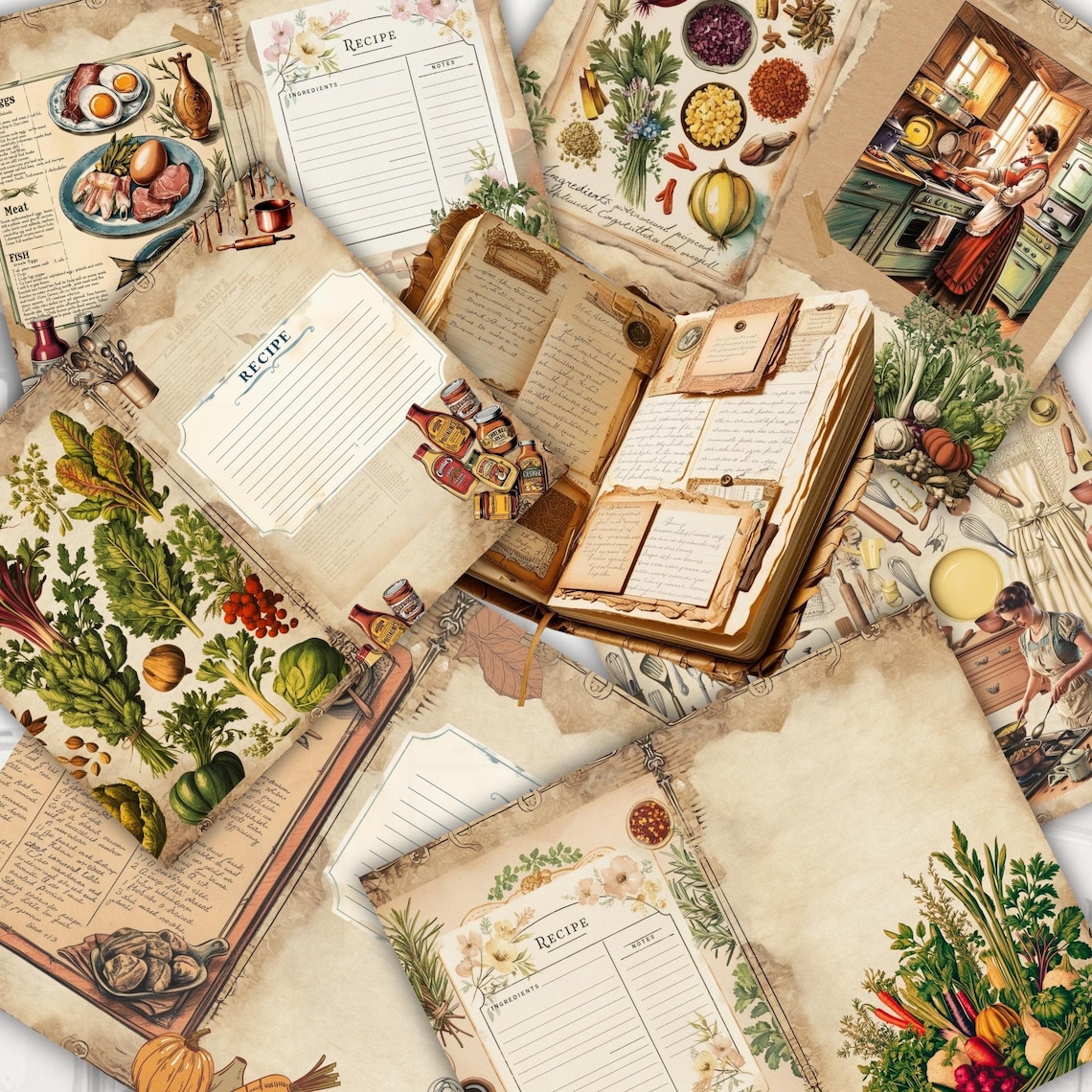 Vintage Recipe Book Junk Journal Pages | Printable Junk Journal Kit ...