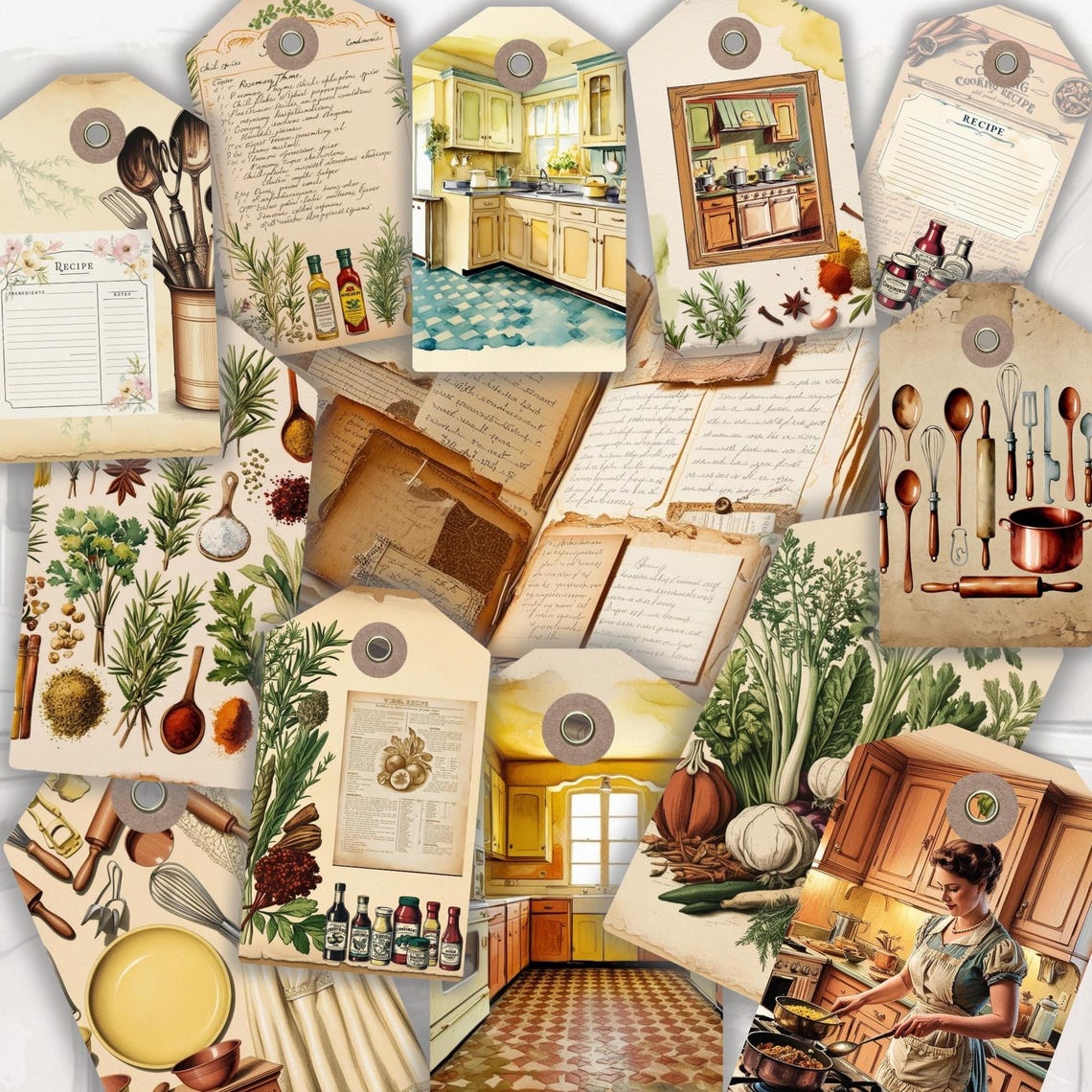 Vintage Recipe Book Junk Journal Tags | Old Cookbook Journal Tags ...