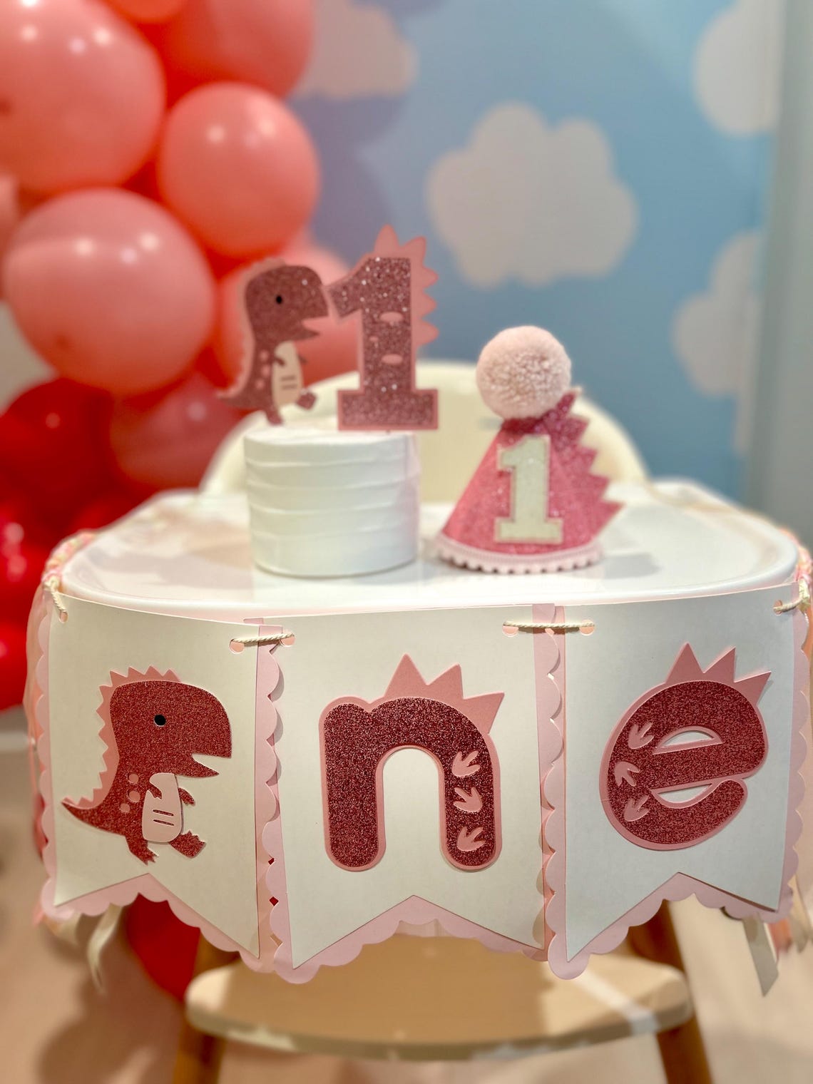 Oneasaurus Dino Pink Birthday Banner Hat Topper, Dinosaur Birthday ...