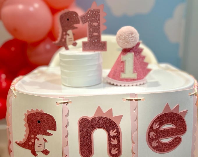 Oneasaurus Dino Pink Birthday Banner Hat Topper, Dinosaur Birthday ...