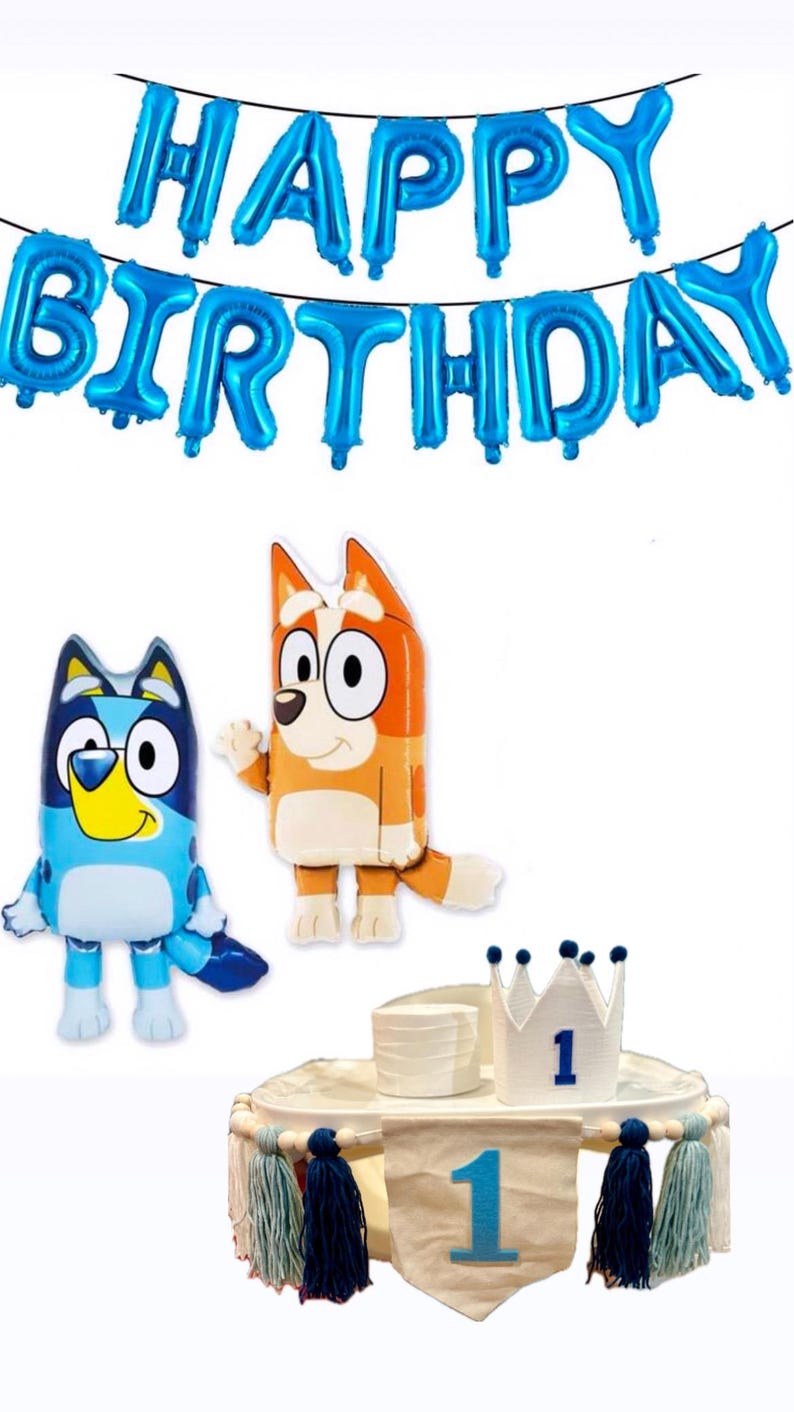 Bluey Boho Birthday High Chair Banner Crown, Blue 1st Birthday Decor ...