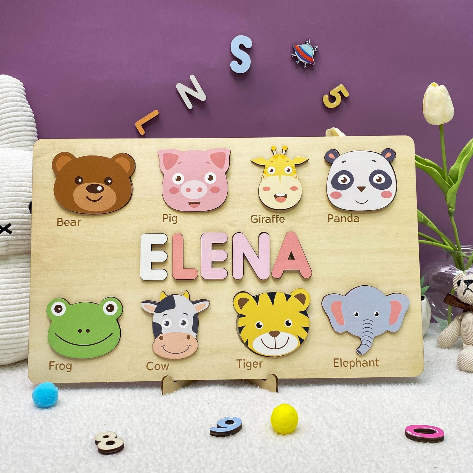 Montessori Animals Name Puzzle, Personalized Wooden Busy Board for ...