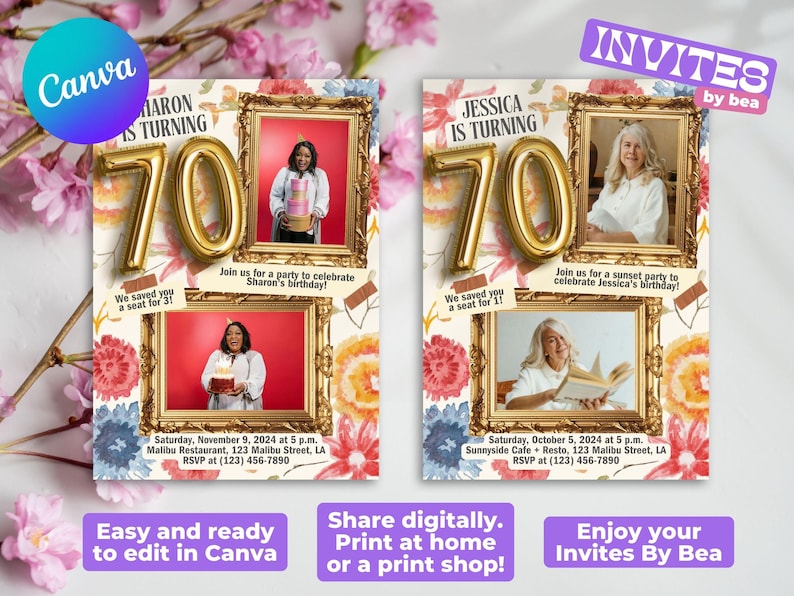 70th Birthday Invitation Canva Template | Editable Floral Birthday ...