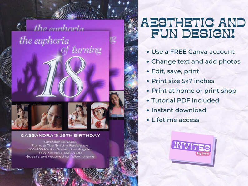 18th Birthday Invitation for Girls Editable Euphoria Party Canva ...