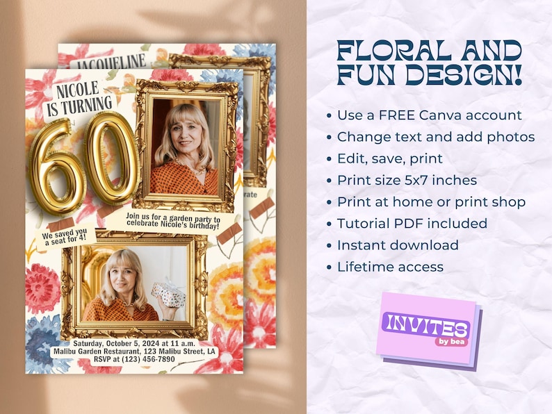 Editable 60th Birthday Party Invitation for Women | Floral Canva ...