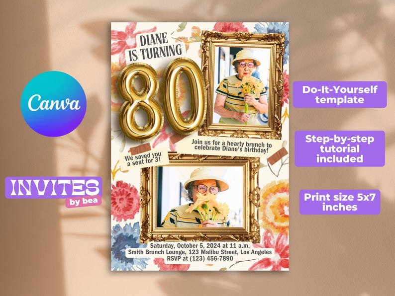 Editable 80th Birthday Invitation for Women | Canva Template ...