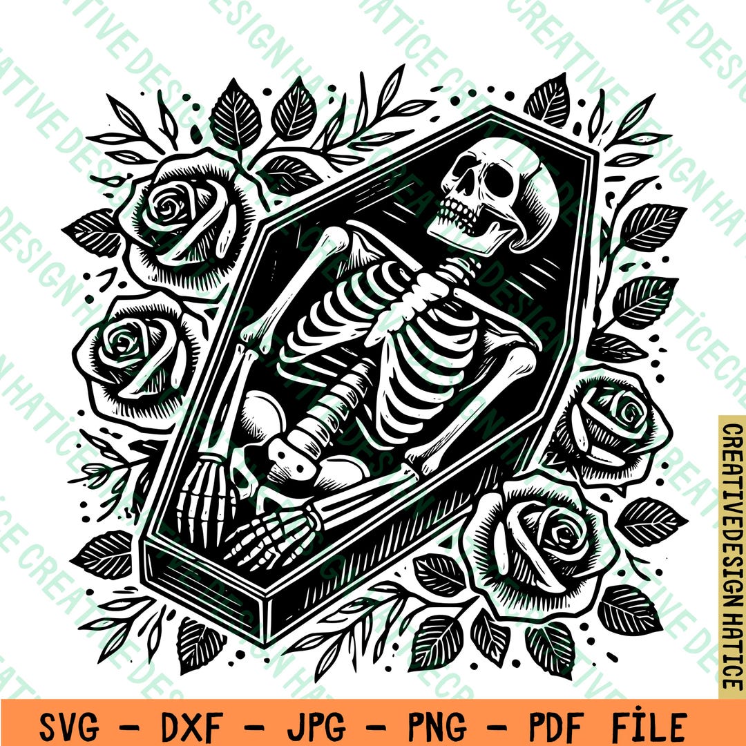 Skeleton in Coffin With SVG, Dark Art Printable, Coffin Skeleton Design ...