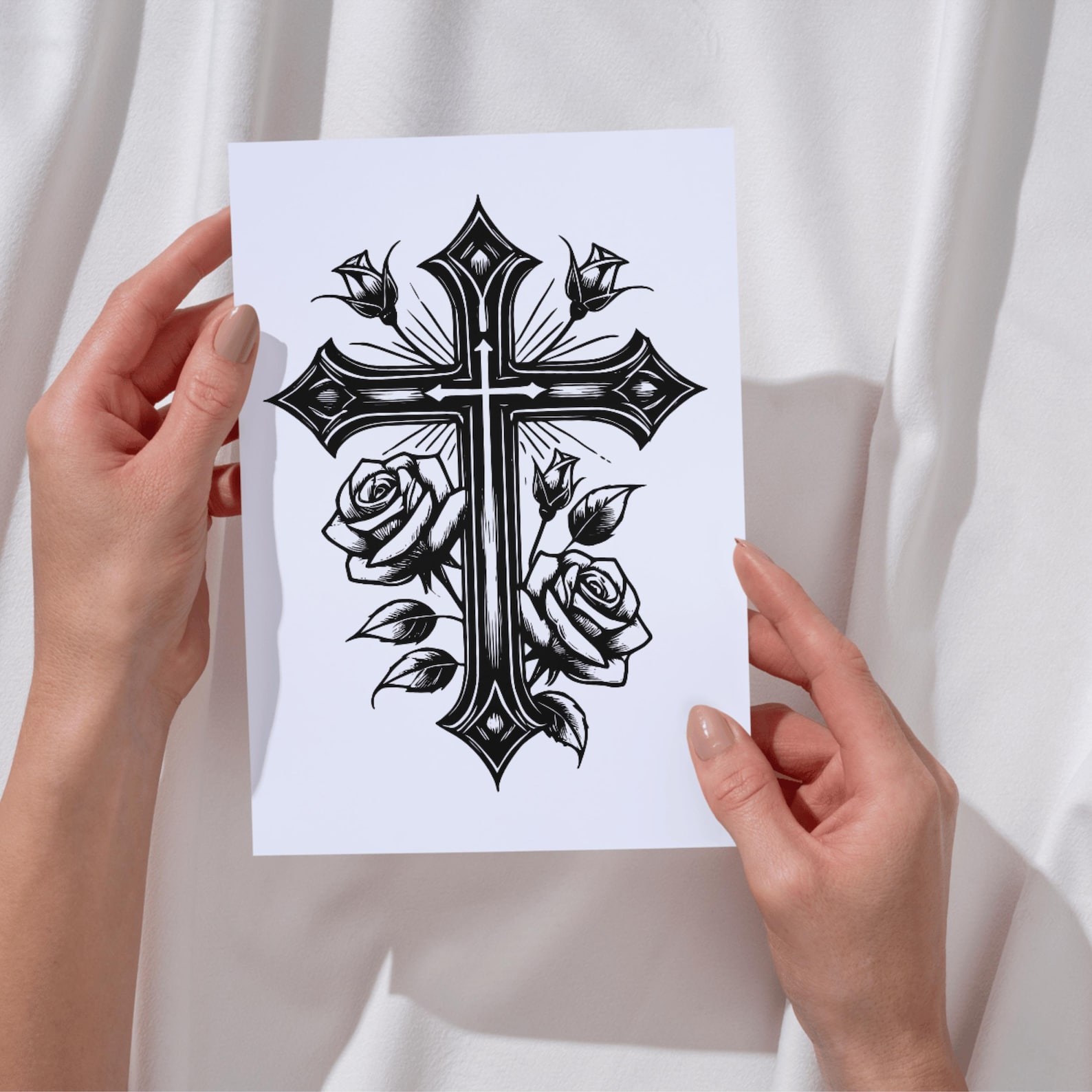 Floral Rose Cross Svg, Dove and Cross Clipart, Black and White Tattoo ...