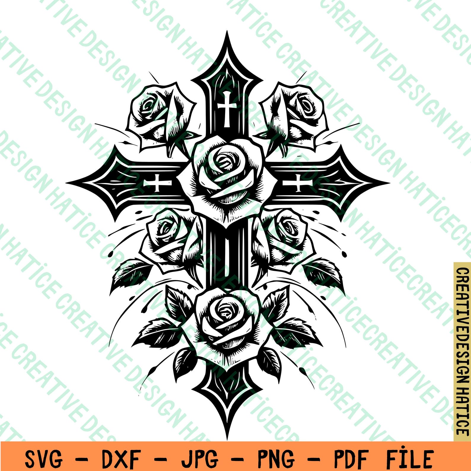 Floral Rose Cross Svg, Dove and Cross Clipart, Black and White Tattoo ...