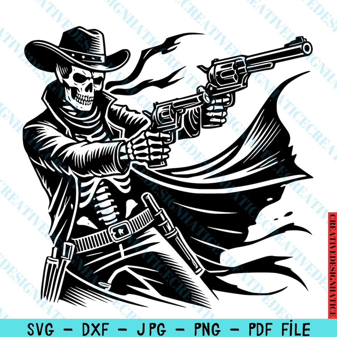Skeleton Cowboy Svg, Gunslinger Western Skull Illustration, Skull ...