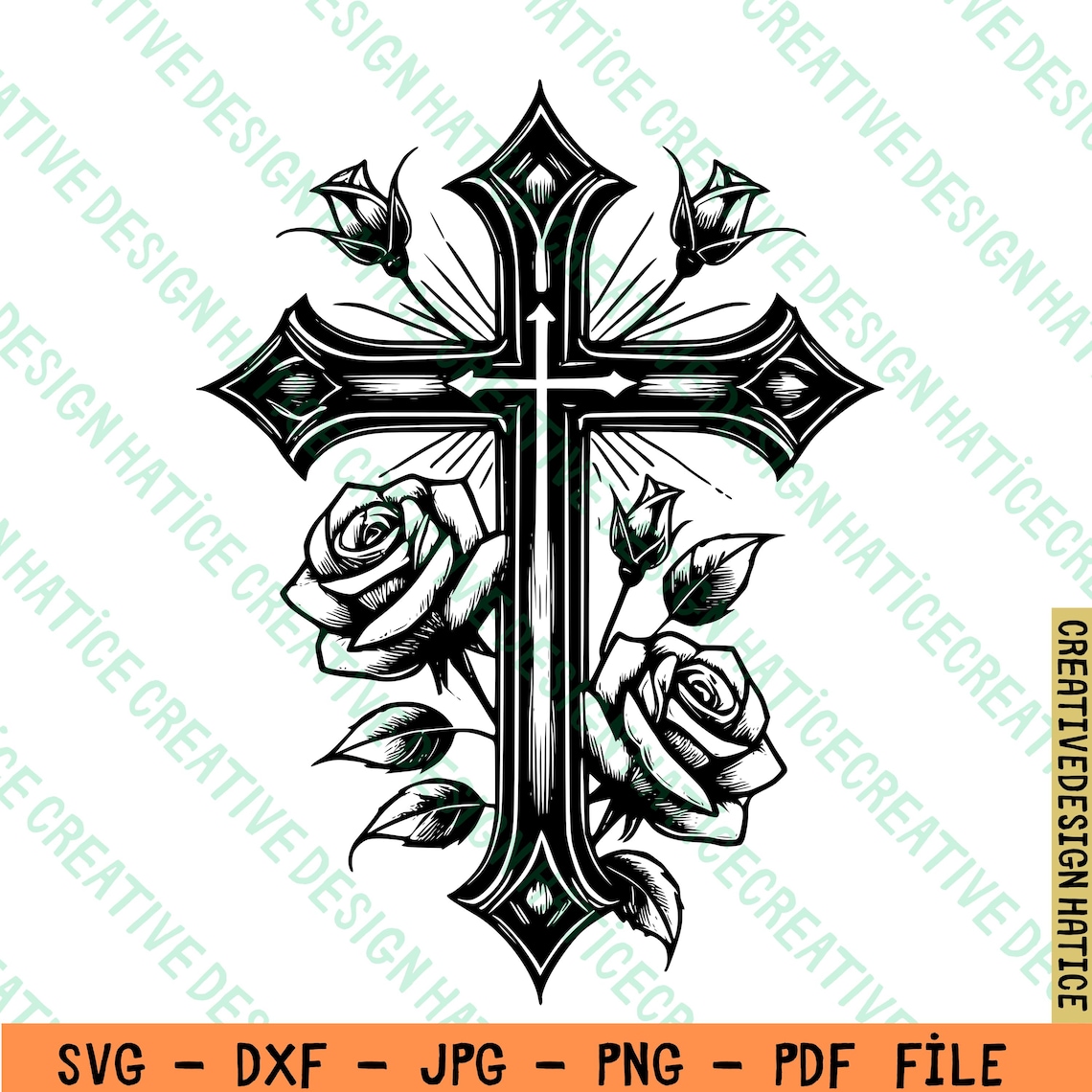 Floral Rose Cross Svg, Dove and Cross Clipart, Black and White Tattoo ...