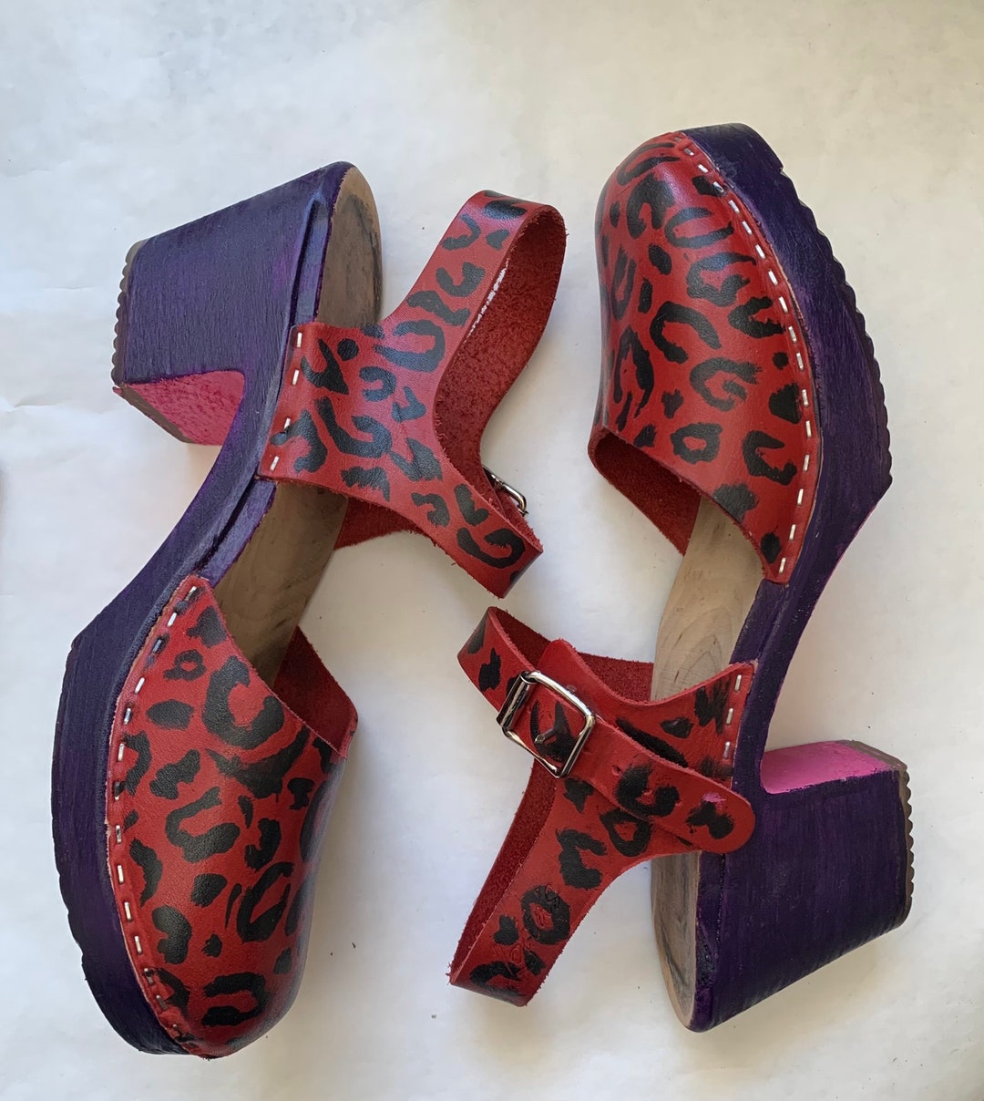 Lottas Red Painted Leopard Print Clogs Size US Women's 11 - Etsy