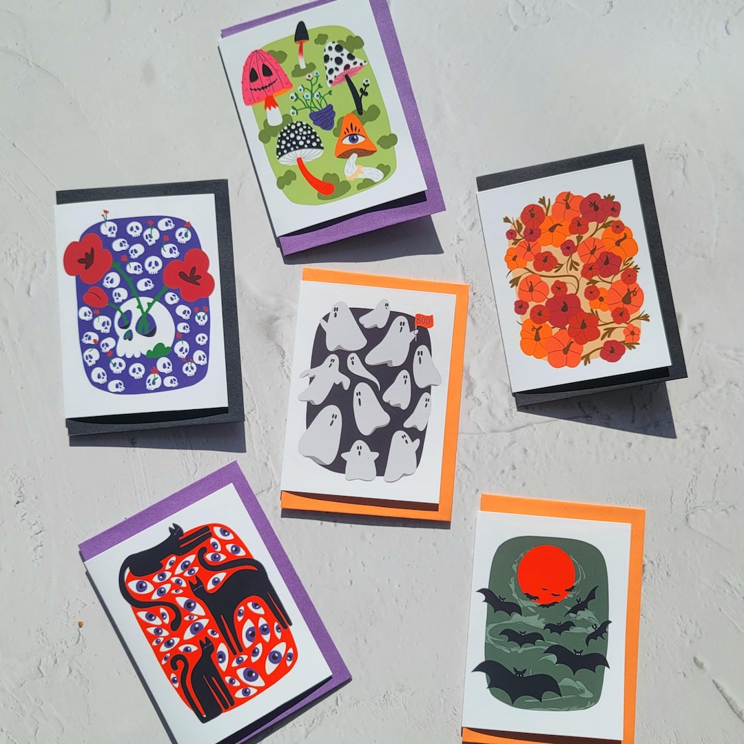 Set of 6 Handmade Spooky Halloween Note Cards Set, Blank Inside, With ...