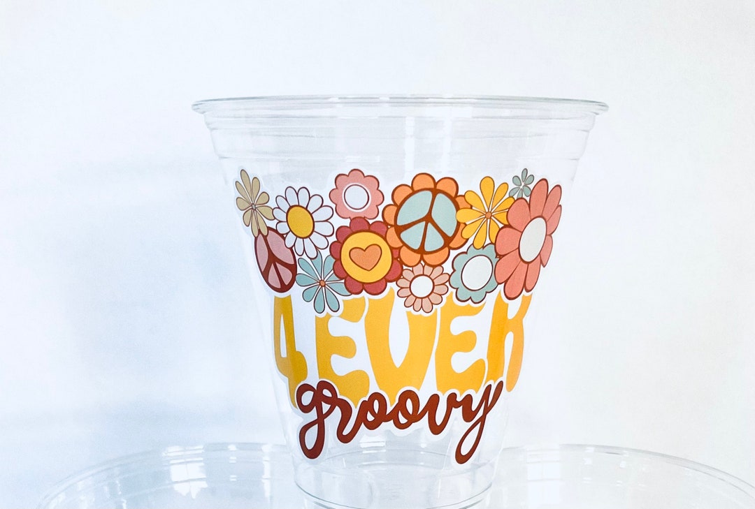 Four Ever Groovy Plastic Disposable Drink Cups Favor Cup Birthday 12 Oz ...