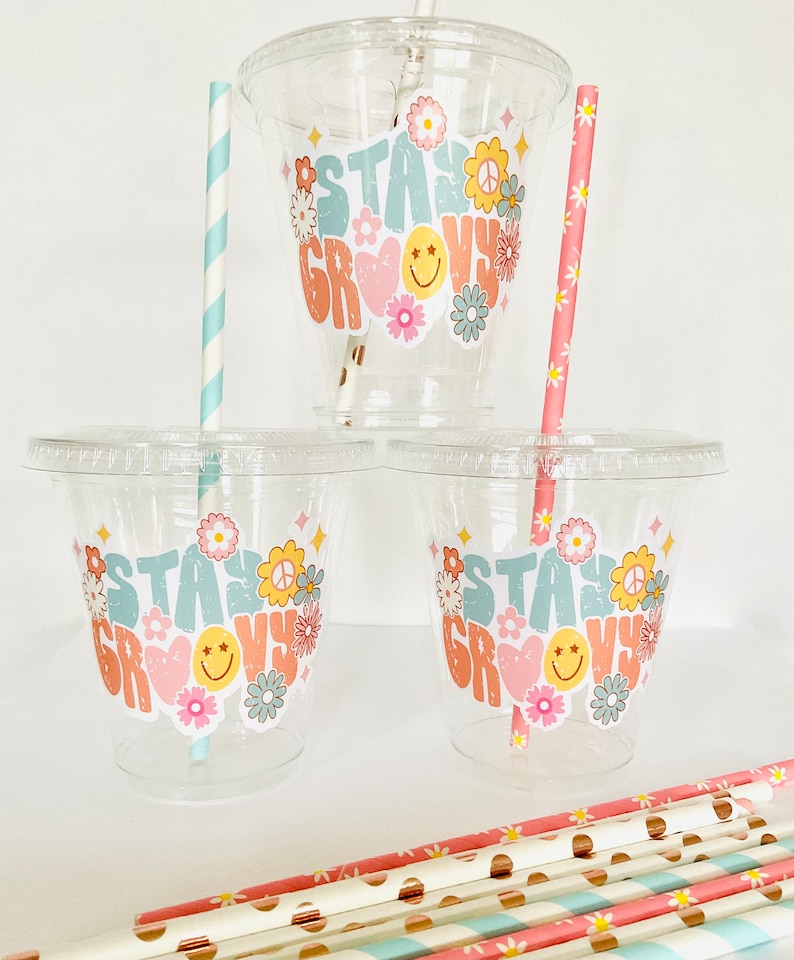 Stay Groovy Plastic Disposable Drink Cups Favor Cup Birthday 12 Oz. 70 ...