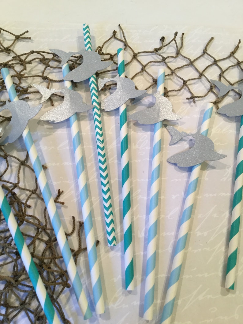 Shark Paper Party Straws Set of 12 Shark Theme Birthday Jaws Theme ...