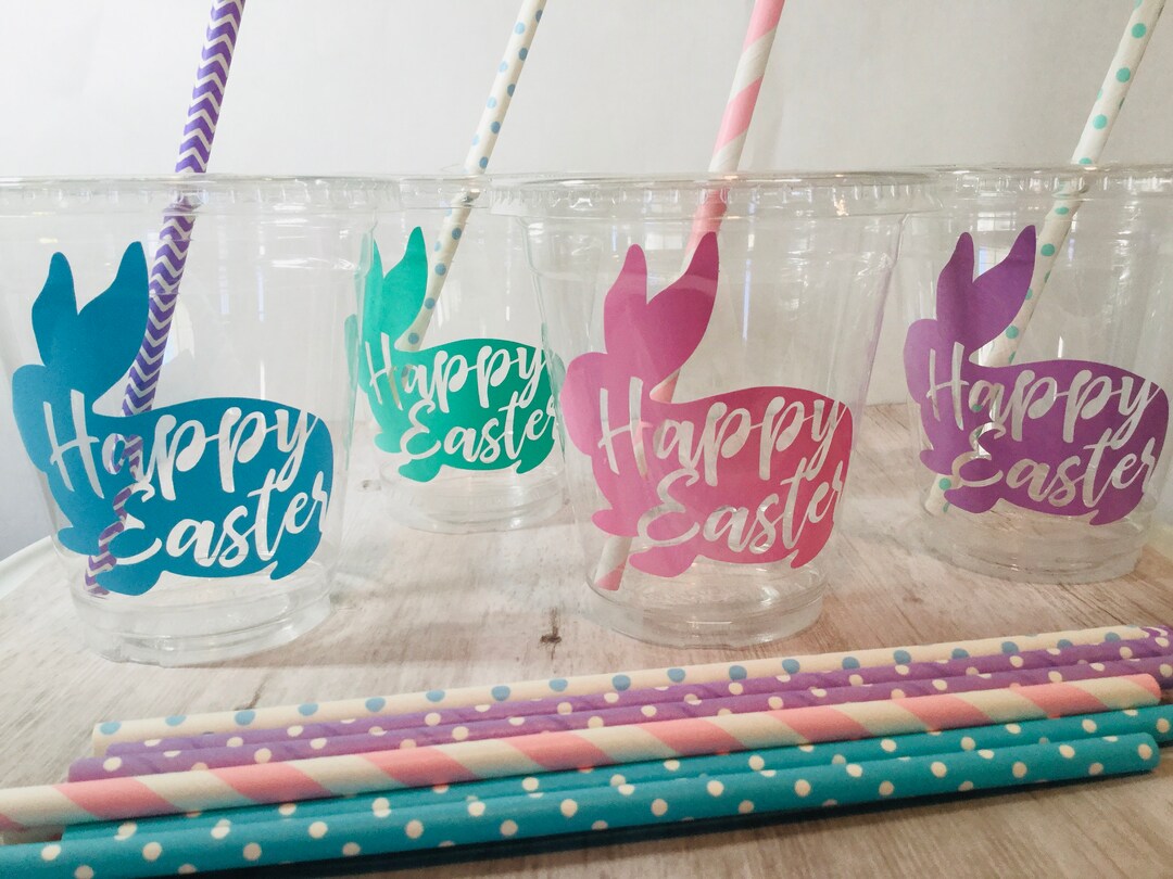 Easter Party Cups Easter Bunny Plastic Cups Lids Paper Straws 12 Ounce ...