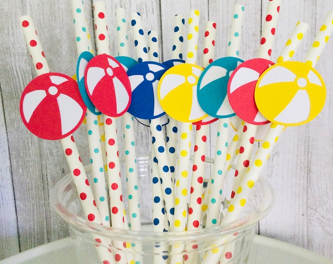 Beach Ball Paper Straws Sets of 12 Choose Colors Red Navy Yellow ...