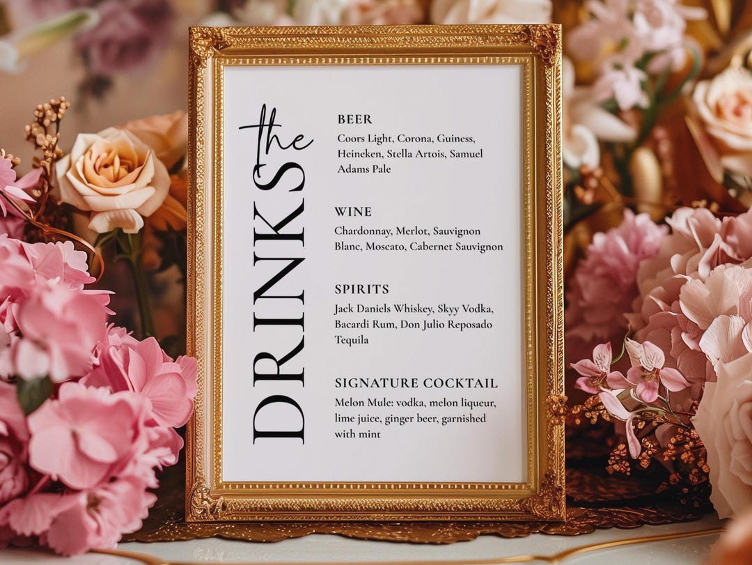 Minimalist Drink Menu Sign, Wedding Bar Menu Sign, Cocktail Sign ...