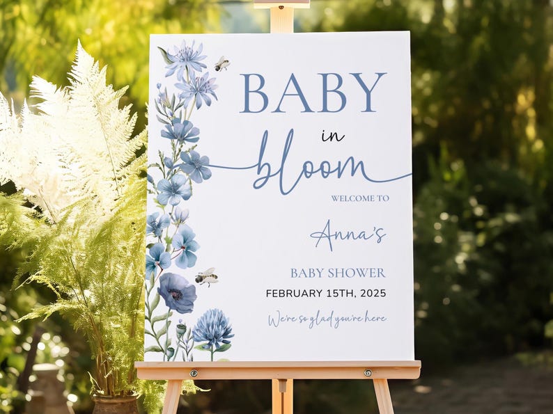Baby in Bloom Baby Shower Welcome Sign, Blue Floral Baby Shower, Spring ...