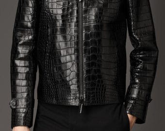 Men's Crocodile Embossed / Alligator Leather Jacket, Crocodile Jacket, Handmade Alligator ...