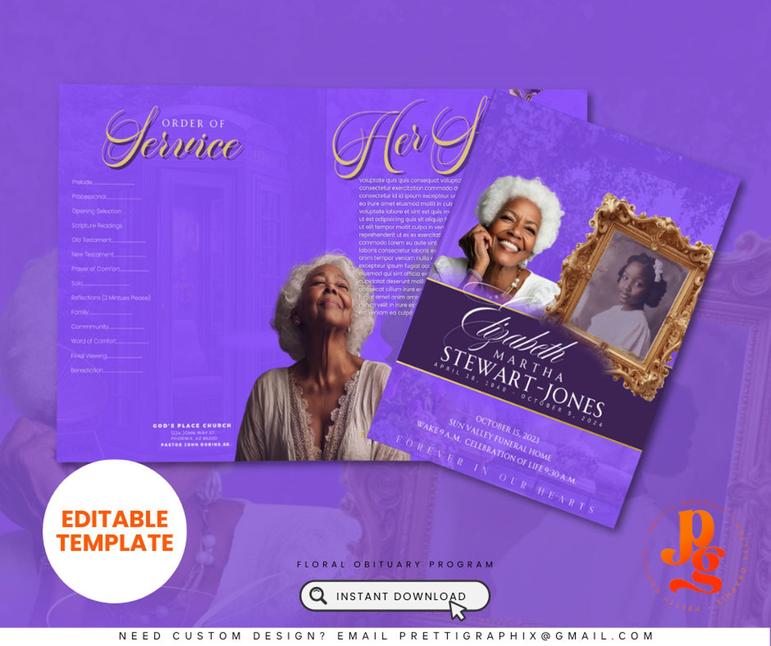 Editable Purple Floral Obituary Program Template Canva Funeral Program ...