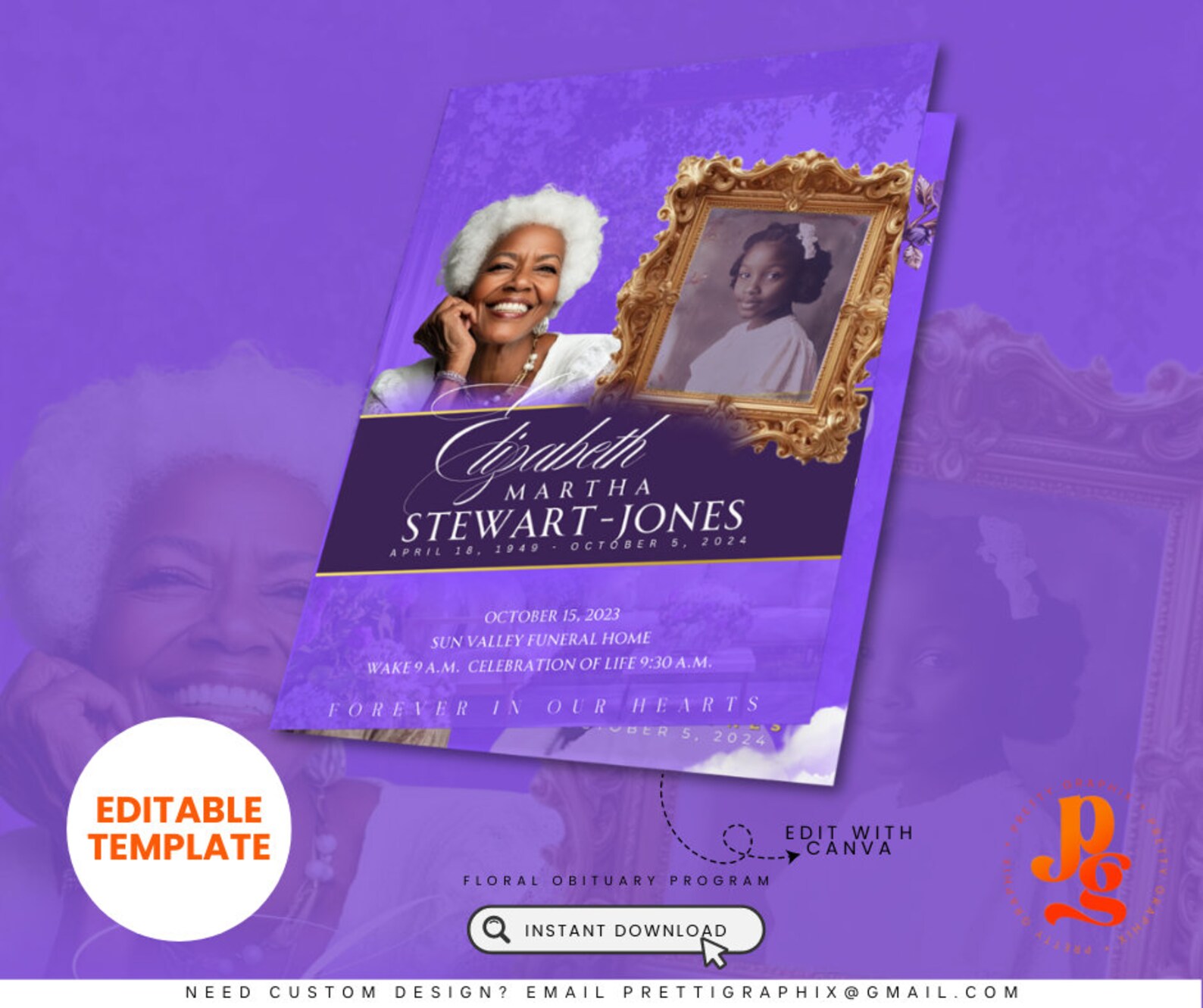Editable Purple Floral Obituary Program Template Canva Funeral Program ...