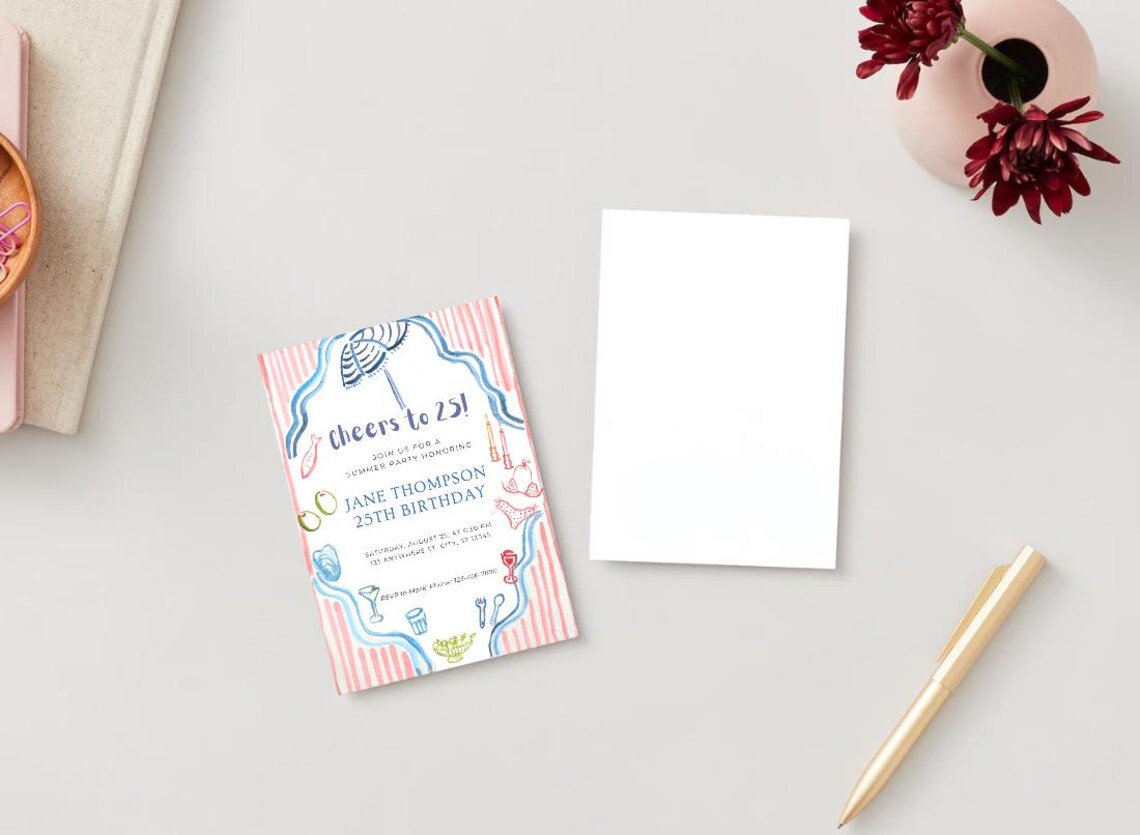 Coastal Chic Birthday Invitation Template | Hand-painted Watercolor ...