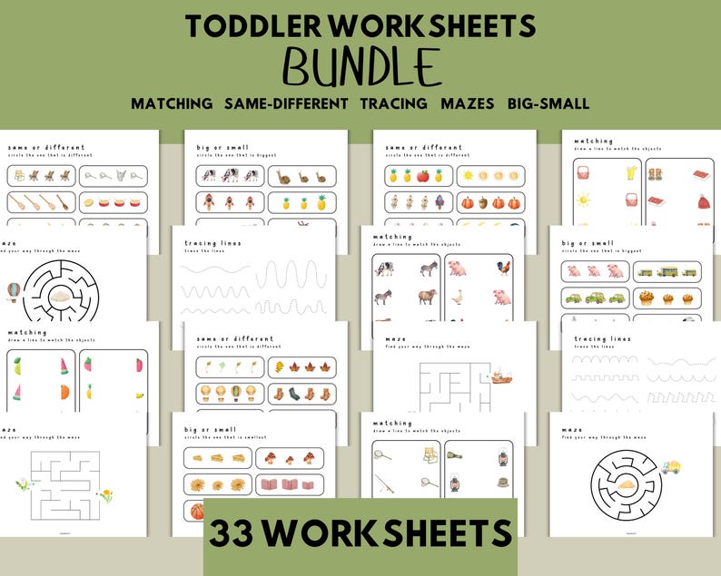 Toddler Matching Worksheet Printable Bundle, Preschool Tracing Mazes, 2 ...