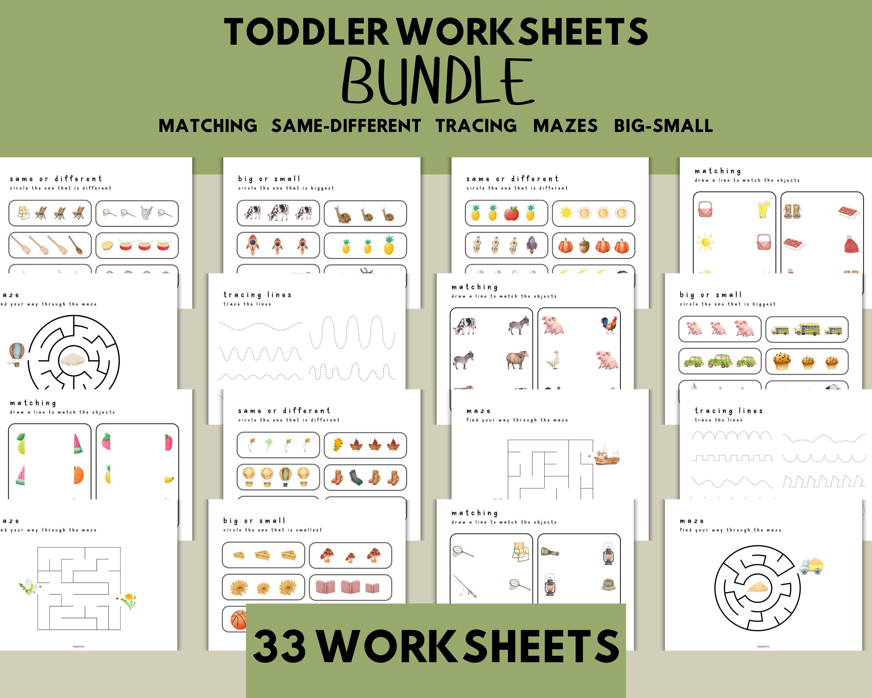 Toddler Matching Worksheet Printable Bundle, Preschool Tracing Mazes, 2 ...