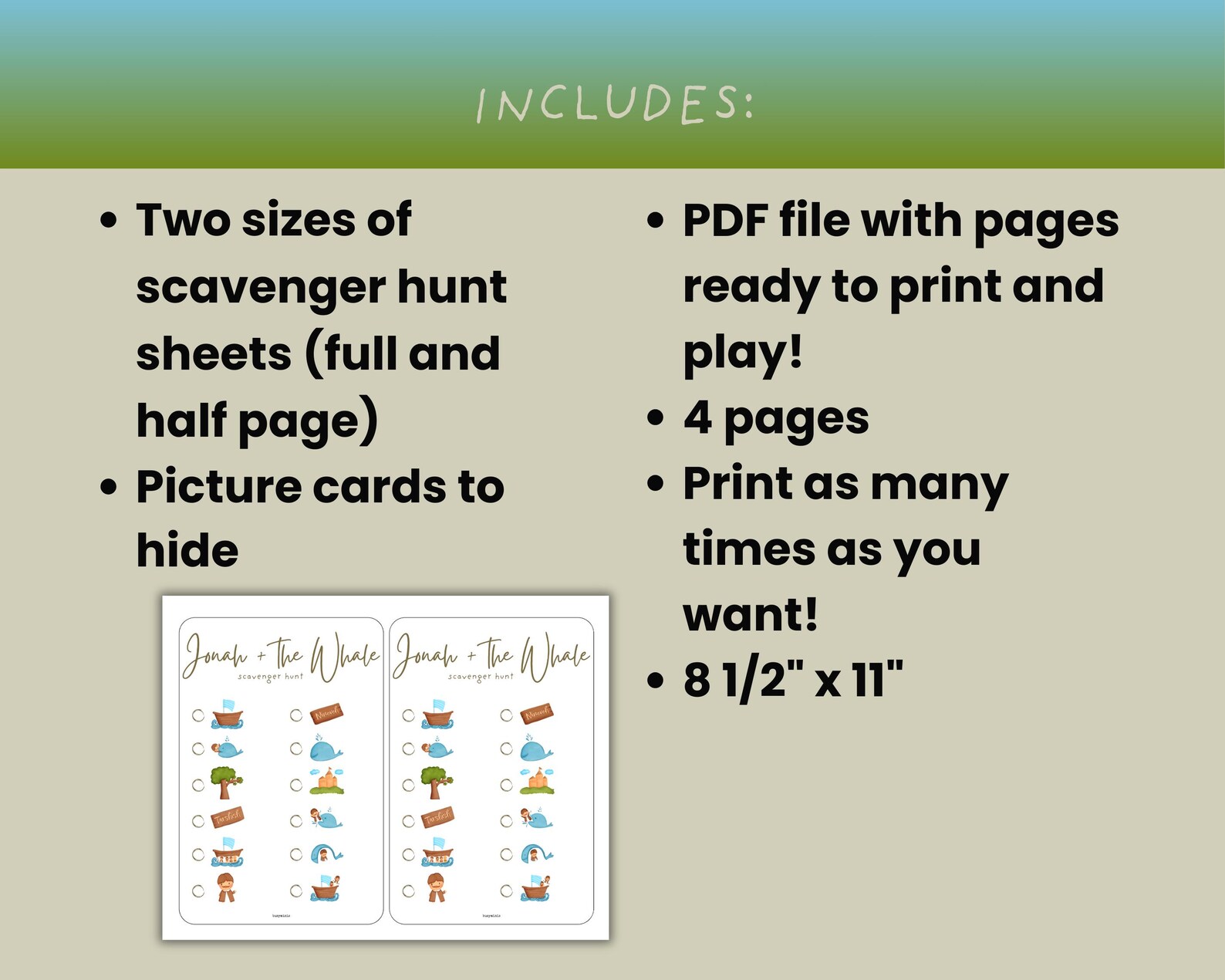 Jonah and the Whale Scavenger Hunt Printable, Indoor Activity ...