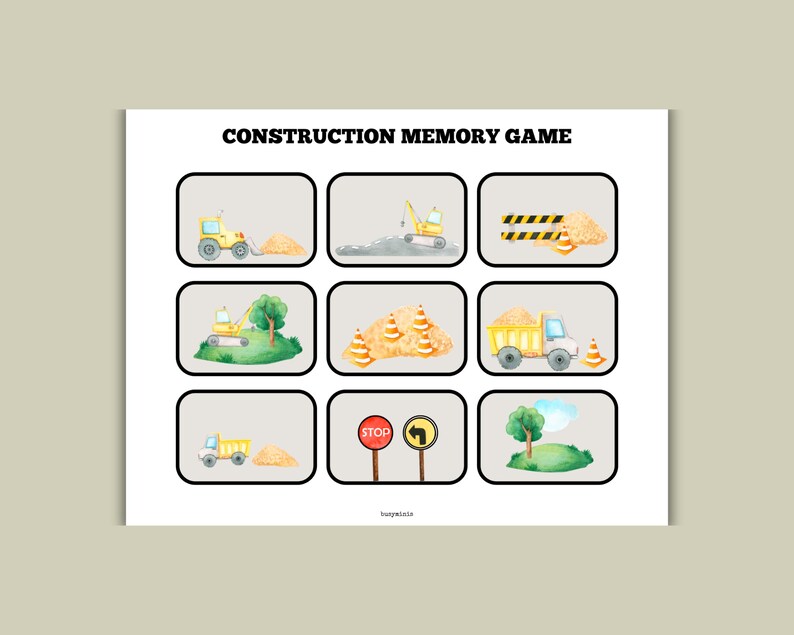 Construction Memory and Matching Game Printable, Kids Memory Game ...
