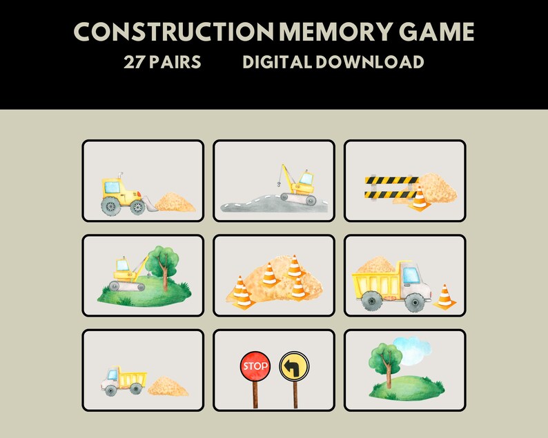 Construction Memory and Matching Game Printable, Kids Memory Game ...