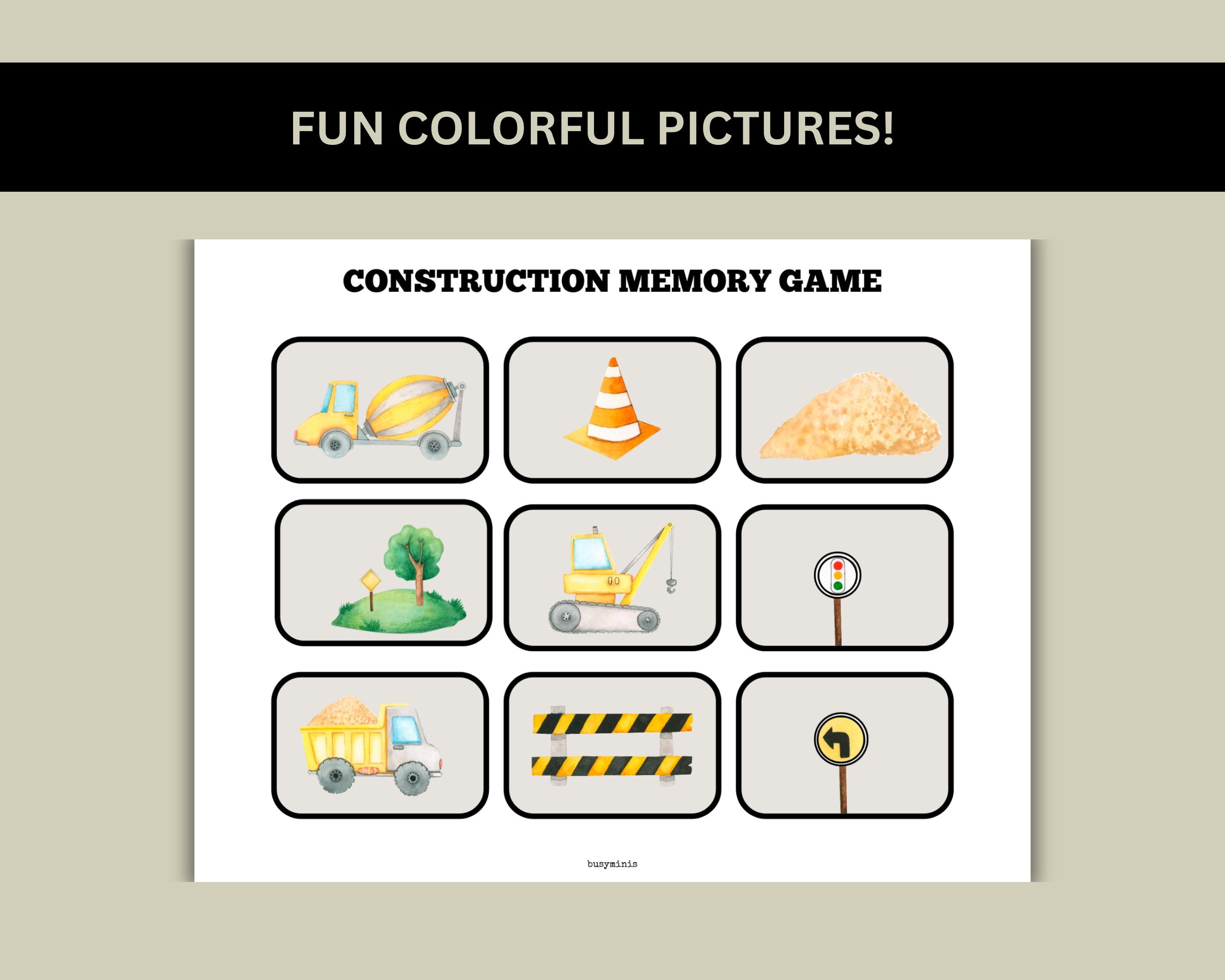 Construction Memory and Matching Game Printable, Kids Memory Game ...