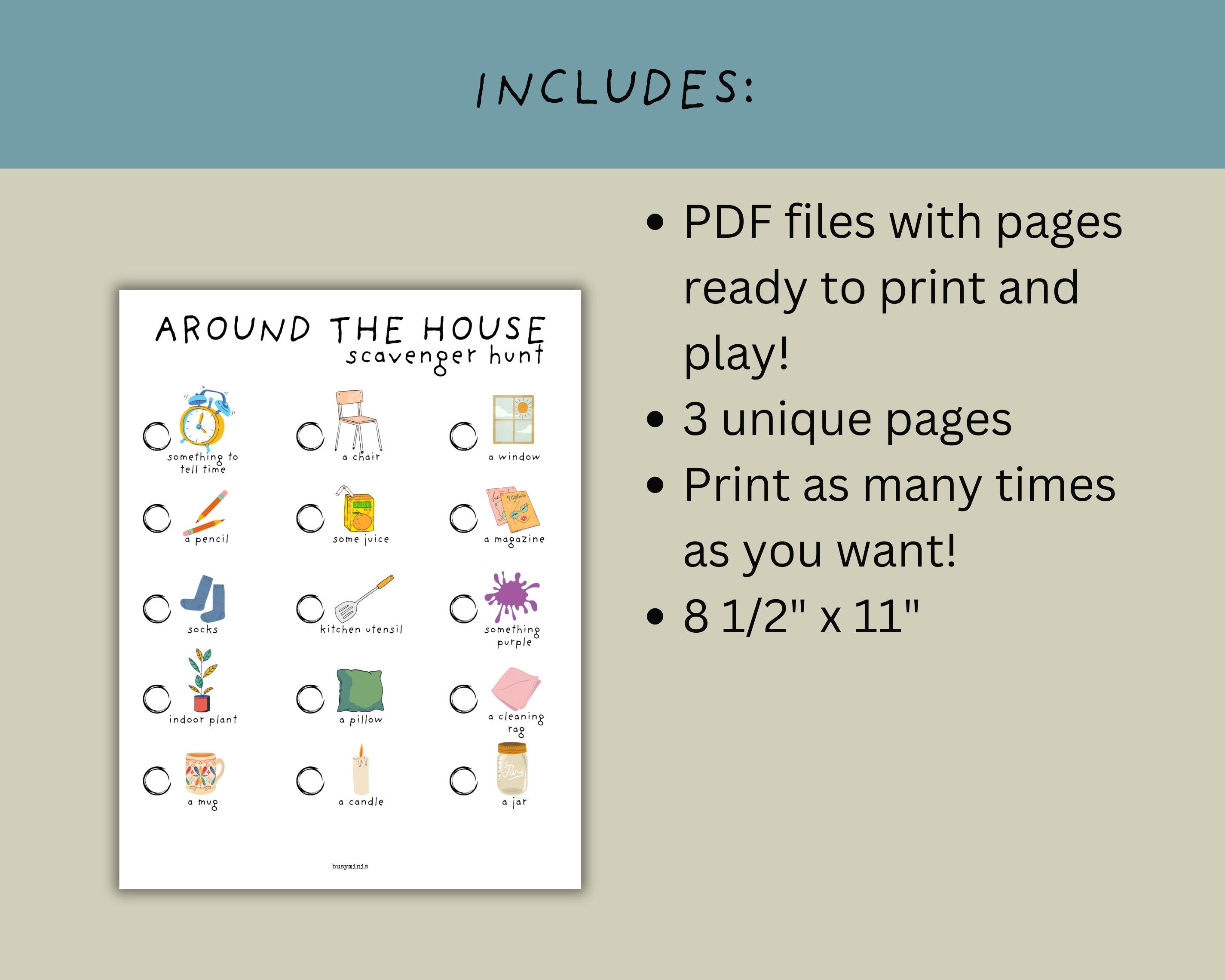 Kids Indoor Scavenger Hunt Printable: Around the House Game (PDF) - Etsy