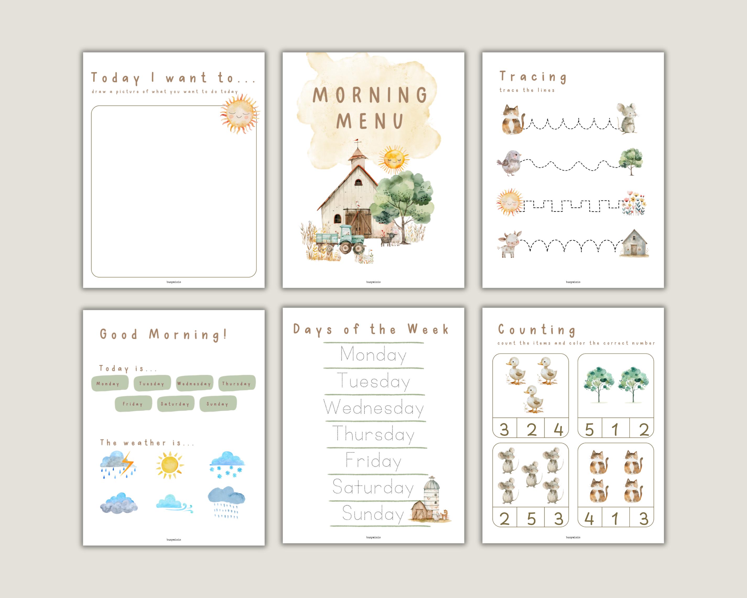 Farm Homeschool Morning Menu: Preschool & Kindergarten Activities (PDF ...