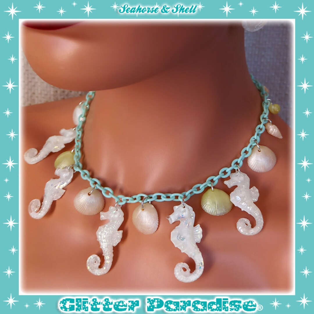 30s Celluloid Style Seahorse & Shell - Jewelry Set - Seahorse Earrings ...