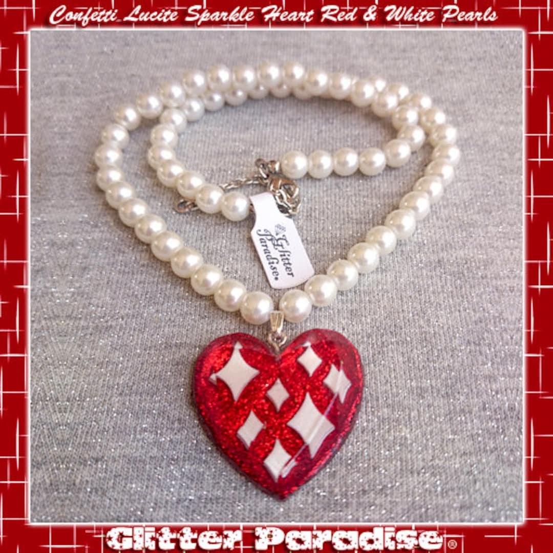 Lucite Sparkles Heart Red & White Pearls - Necklace - Confetti Lucite ...