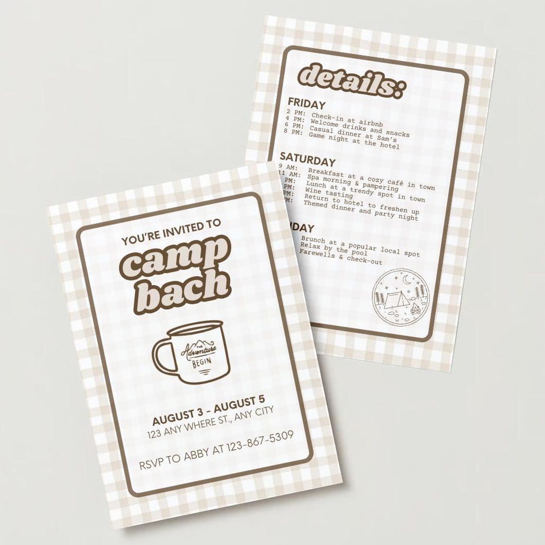 Camp Bach Party Invite and Bachelorette Itinerary, Brown Plaid Mountain ...