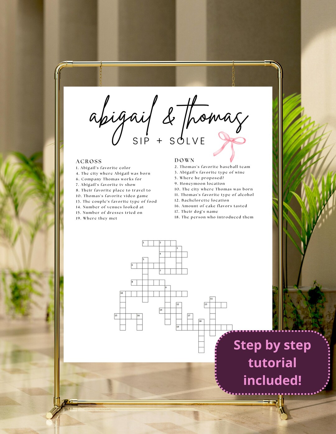 Custom Pink Bow Wedding Crossword Puzzle Template, Personalized Sip and ...